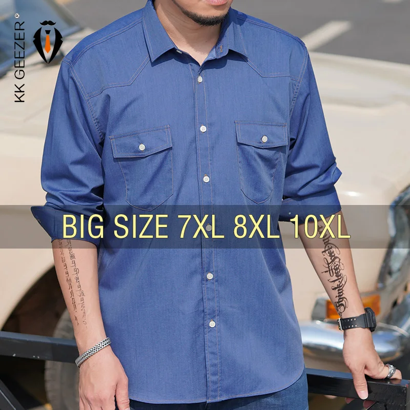 Men Shirt Denim Oversize Plus Size 6XL 7XL 8XL 10XL Fashion Casual ...