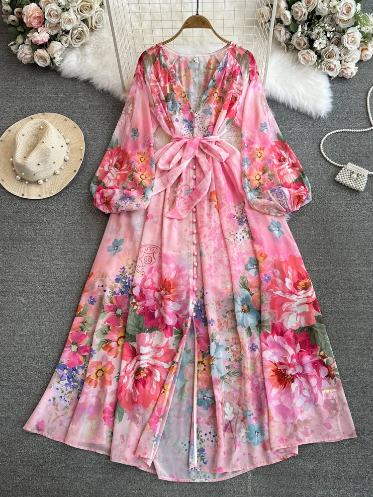 Gorgeous-Flower-Flowy-Chiffon-Dress-Women-s-V-Neck-Sleeve-Single ...