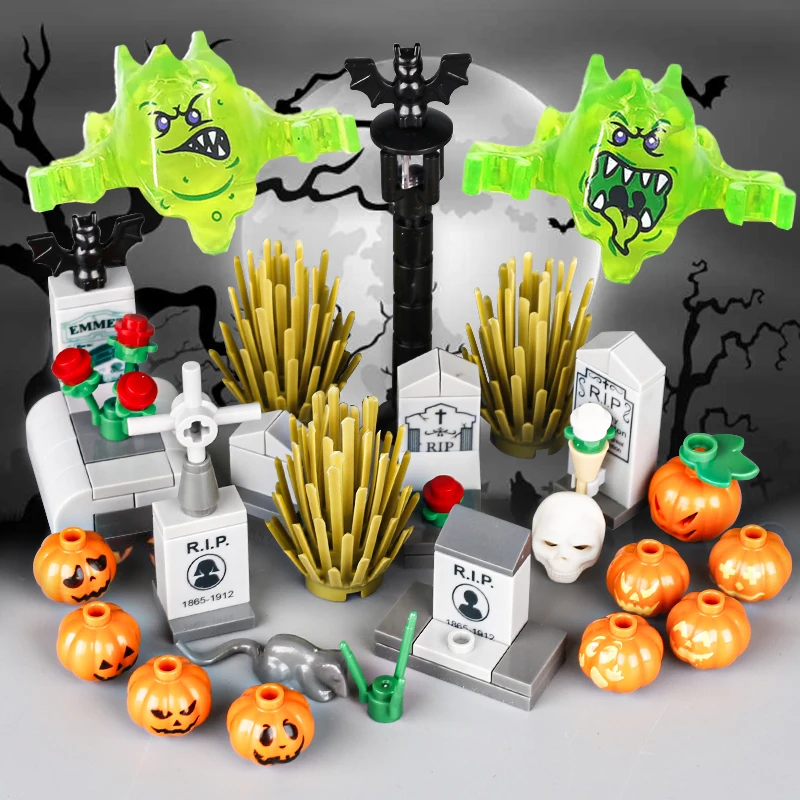 MOC-Halloween-Pumpkin-Head-Wear-Building-Blocks-Ghost-Tombstone-Skull ...