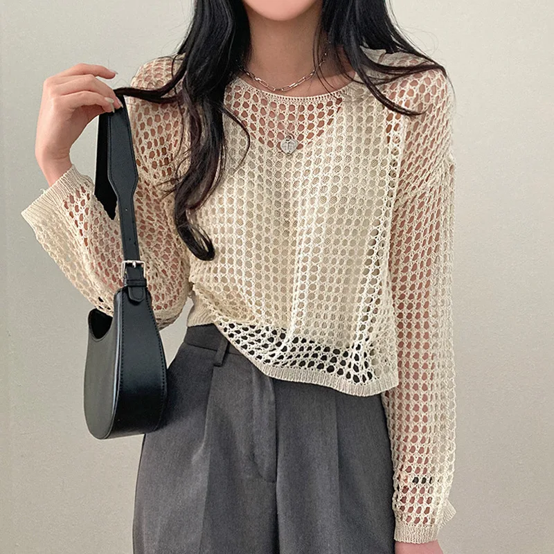 Mesh-Cut-Out-Pullover-T-Shirt-Women-Round-Neck-Breathable-Loose-Short ...