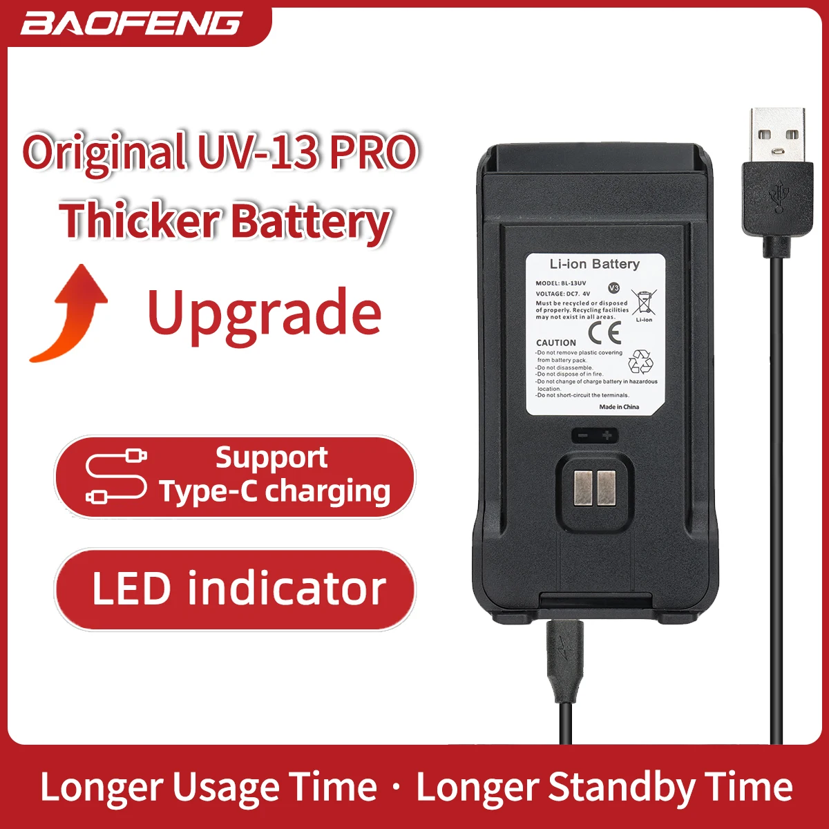 Original Baofeng UV 13 Pro V1 V2 Li ion Thicker Battery DC 7.4V High ...