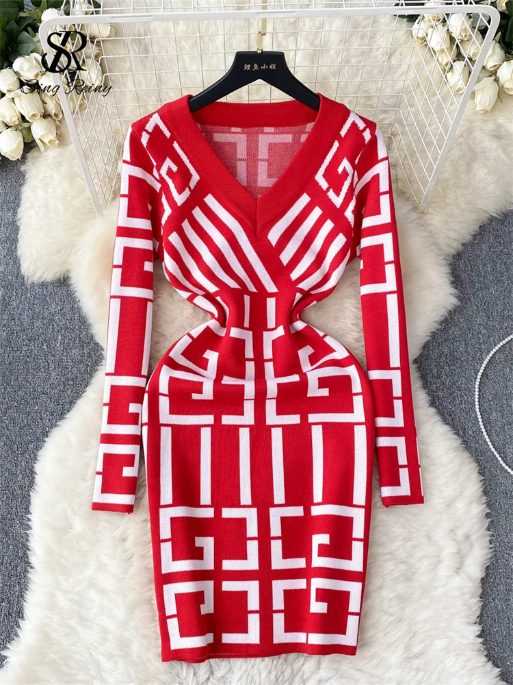 SINGREINY-Women-Knit-Midi-Dress-V-Neck-Geometry-Shaped-Long-Sleeve-Slim ...