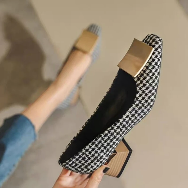 Women-Pumps-Classic-High-Quality-Square-Toe-Office-Square-Heel-Pumps-Lady-Casual-Black-Plaid ...