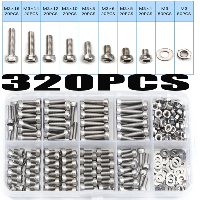 320Pcs M3 Hexagon Socket Head Cap Screws Bolts Set 304 Stainless Steel ...
