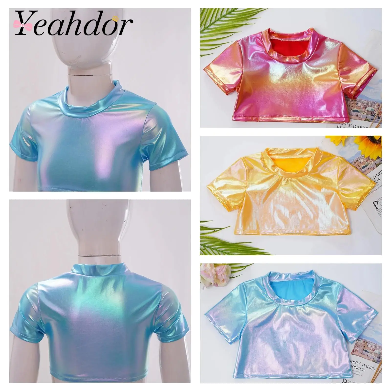 Children's T-shirts Kids Girls Metallic Dance Tops Fashion Shiny Short ...