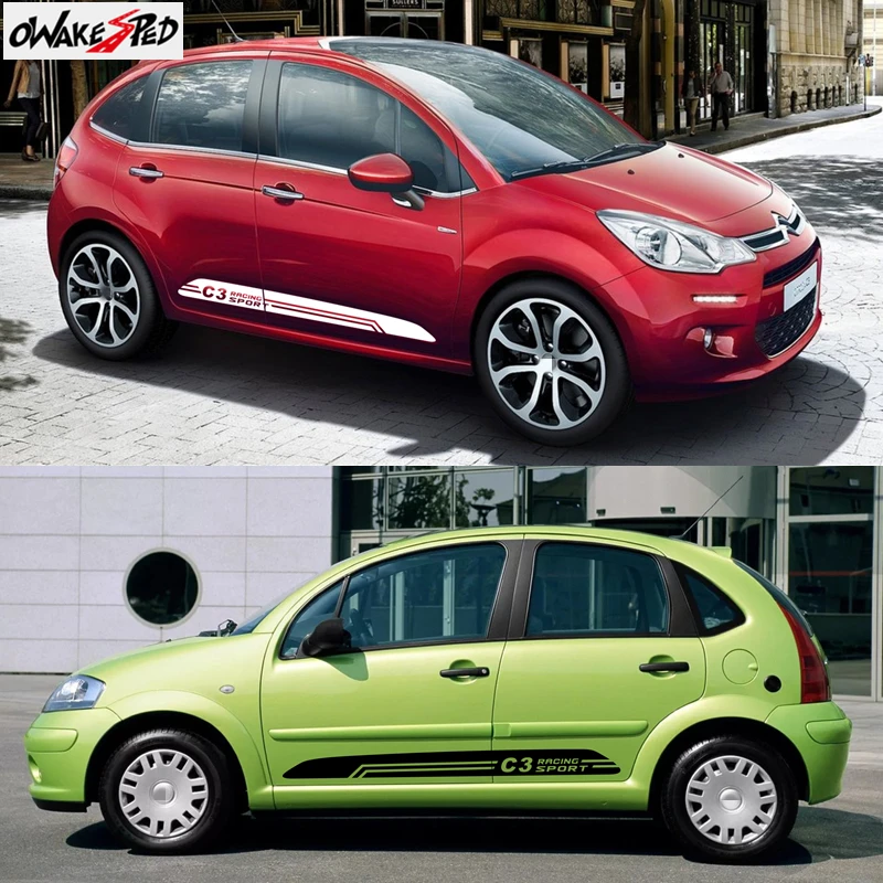 2pcs-Car-Door-Side-Skirt-Stickers-For-Citroen-C3-Racing-Sport-Stripes ...