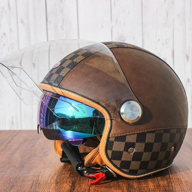 Brown Leather 3/4 Open Face Helmet Original DOT Approved Motorcycle ...