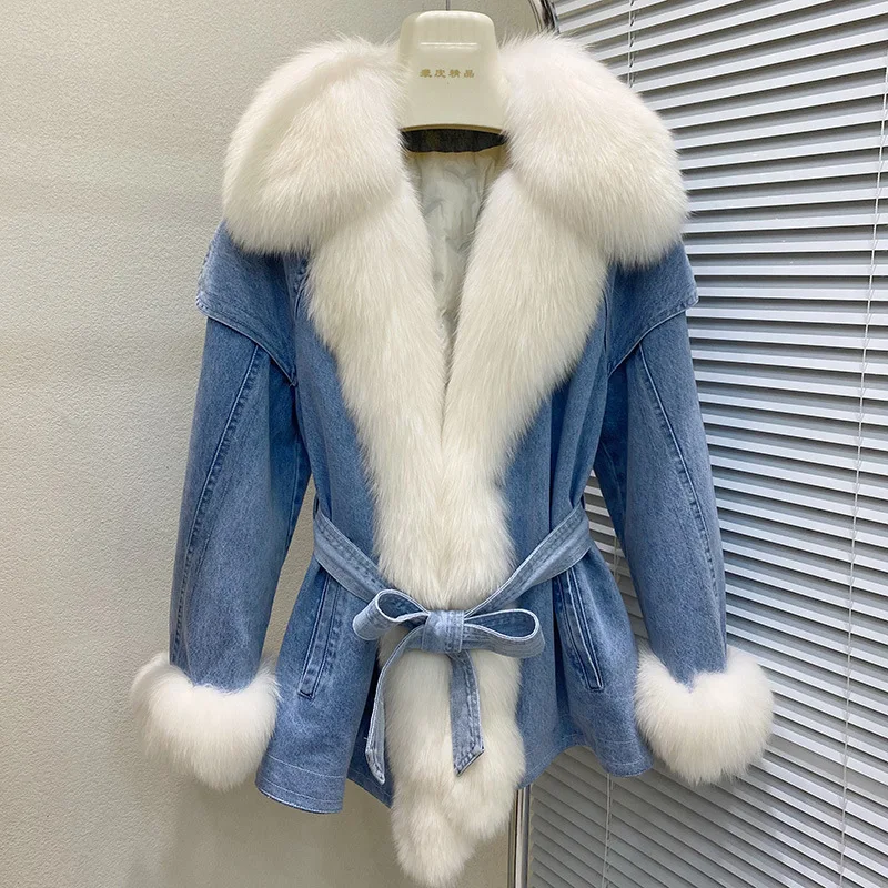 Fur-CoatNew-Denim-Fur-Jacket-Medium-Length-White-Fox-Lapel-Fox-Fur ...