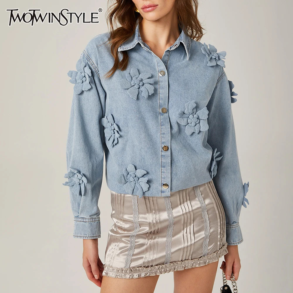 TWOTWINSTYLE-Denim-Spliced-Appliques-Jackets-For-Women-Lapel-Long ...