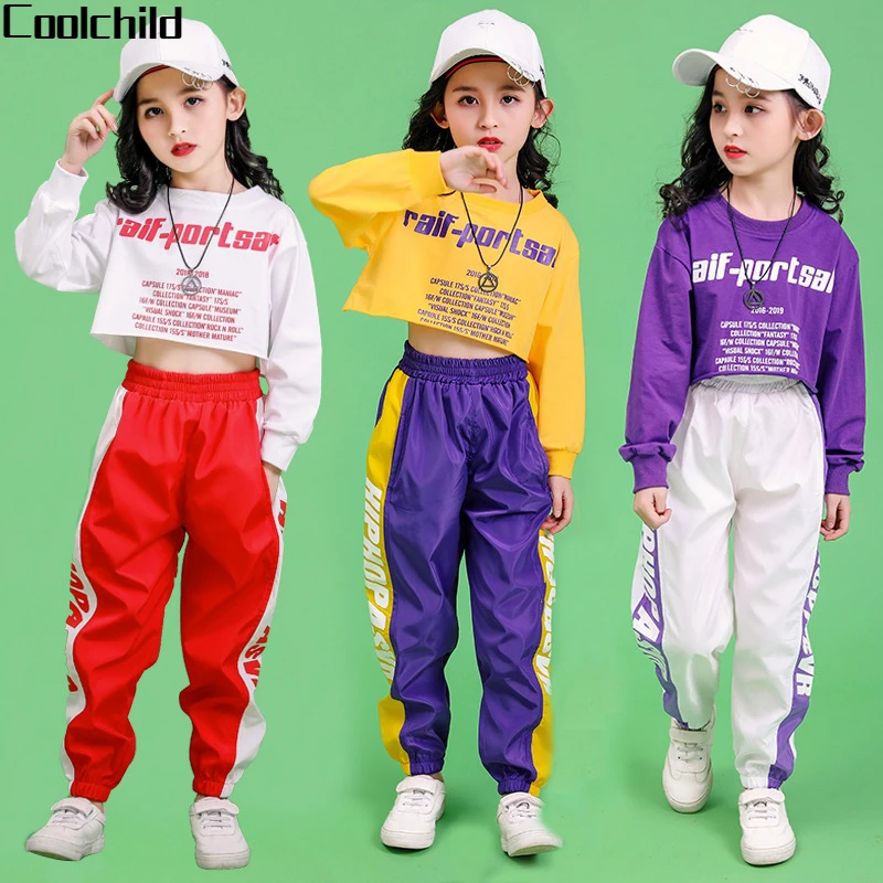 Hip Hop Girls Bright Color Crop Top Joggers Kids Sweatshirt Street ...