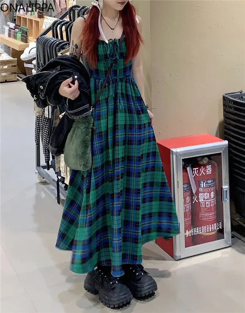 Onalippa-Vintage-Sleeveless-Contrast-Plaid-Dress-High-Waist-A-Line-Lace ...