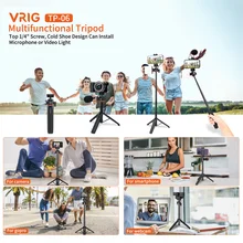 VRIG TP-06 4 섹션 카메라 휴대폰 삼각대, 360 볼헤드 콜드 슈, 셀카 스틱 삼각대 스탠드, 아이폰 14 13 12 ...