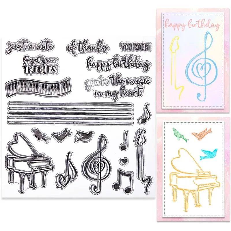 1pc Musical Note Clear Stamps Piano Birds Stave Words Reusable Retro ...