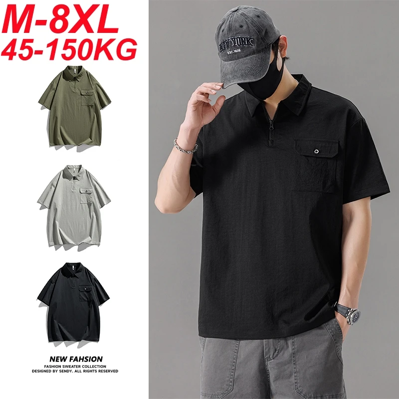 Plus Size 8xl Men Polo Shirt Stripe Big Pocket Cool Quick Dry Oversize ...
