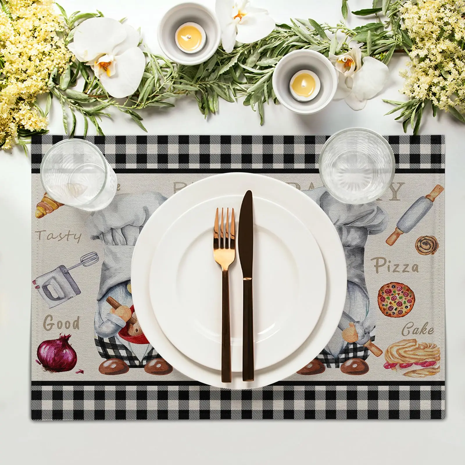 1-4-6PCS-Polyester-Placemats-Chef-Kitchen-Black-And-White-Plaid-Table ...