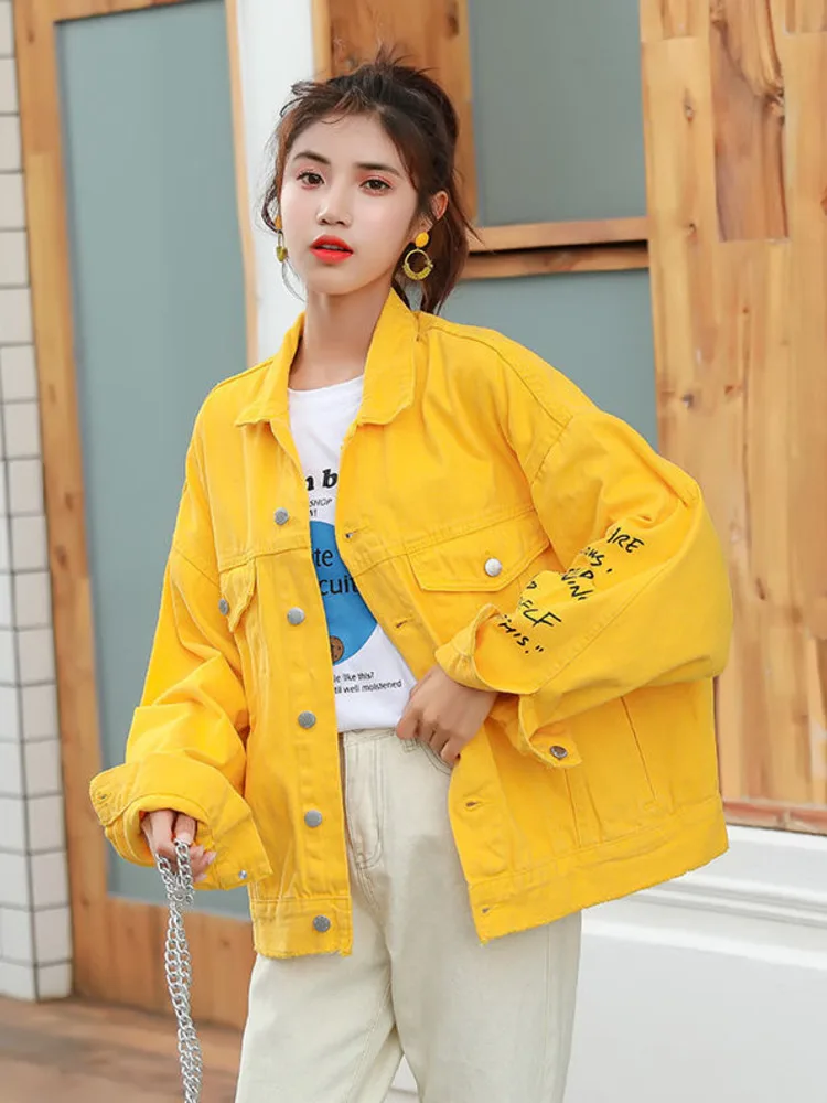 2022 봄가을 데님 자켓 여성 한국어 느슨한 캔디 컬러 옐로우 레터 프린트 다목적 쇼트 캐주얼 패션 자켓