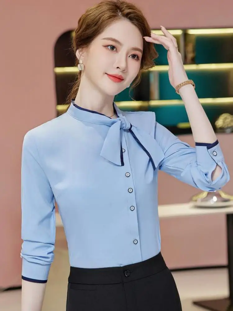 Women-s-Spring-Autumn-Blue-Patchwork-Professional-Blouses-Elegant-White ...