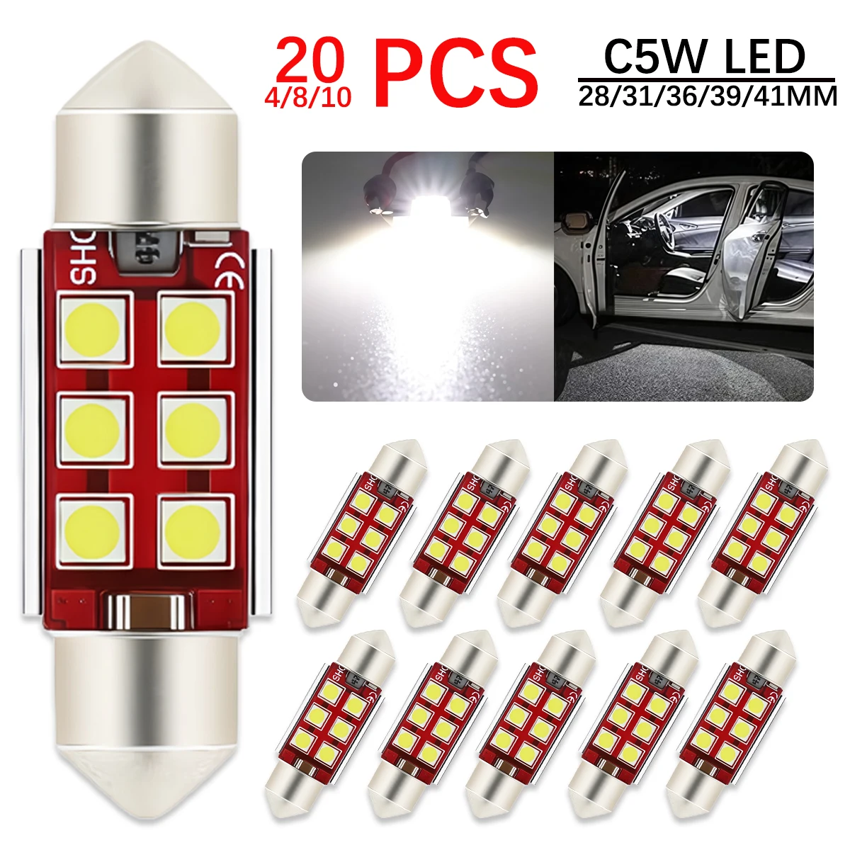 20PCS Car Interior Lamp 28mm 31mm 36mm 39mm 41mm LED Bulb 12V C5W ...
