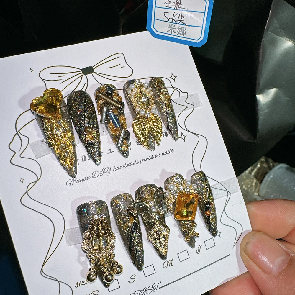 10Pcs-Handmade-Press-on-Nails-Heavy-Industry-Gold-Stereoscopic-Holy ...