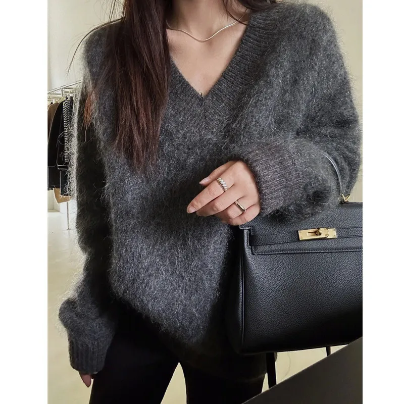 Limiguyue-Winter-Autumn-Retro-Thick-V-Neck-Wool-Cashmere-Mink-Sweater ...