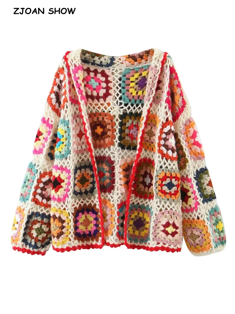 2022 BOHO Colored Plaid Flower Hand Crochet Hooded Cardigan Ethnic ...
