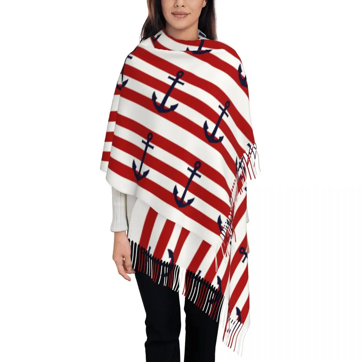 Navy-Blue-Anchor-Red-Stripes-Scarf-for-Womens-Winter-Warm-Cashmere-Shawls-and-Wrap-Nautical ...