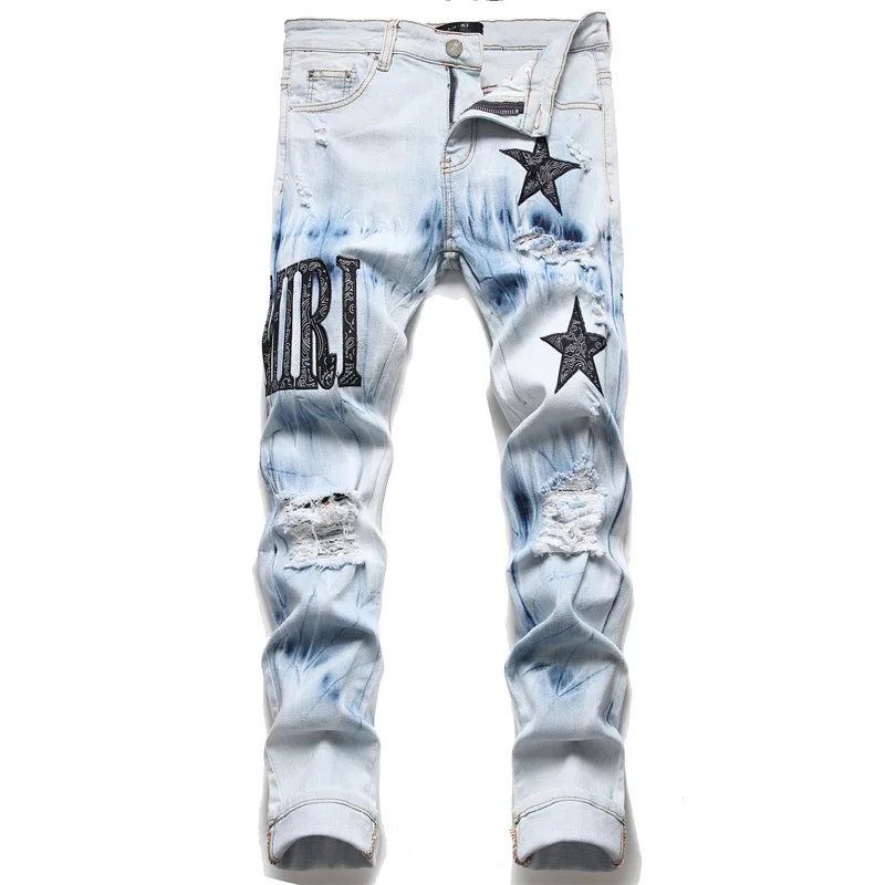 Men-s-Jeans-Ripped-Embroidered-Five-Pointed-Star-Fashion-Elastic-Slim ...