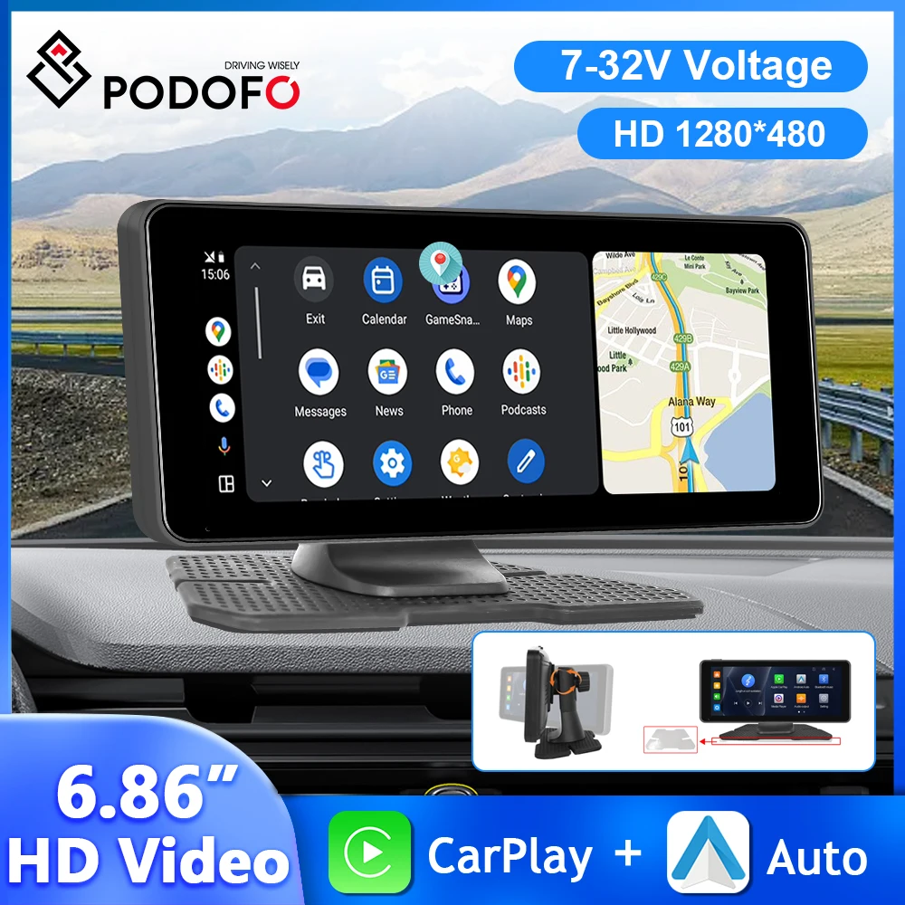 Podofo 6.86 ''drahtloses Carplay Auto Monitor Android Auto Multimedia Player Airplay Spiegel ...