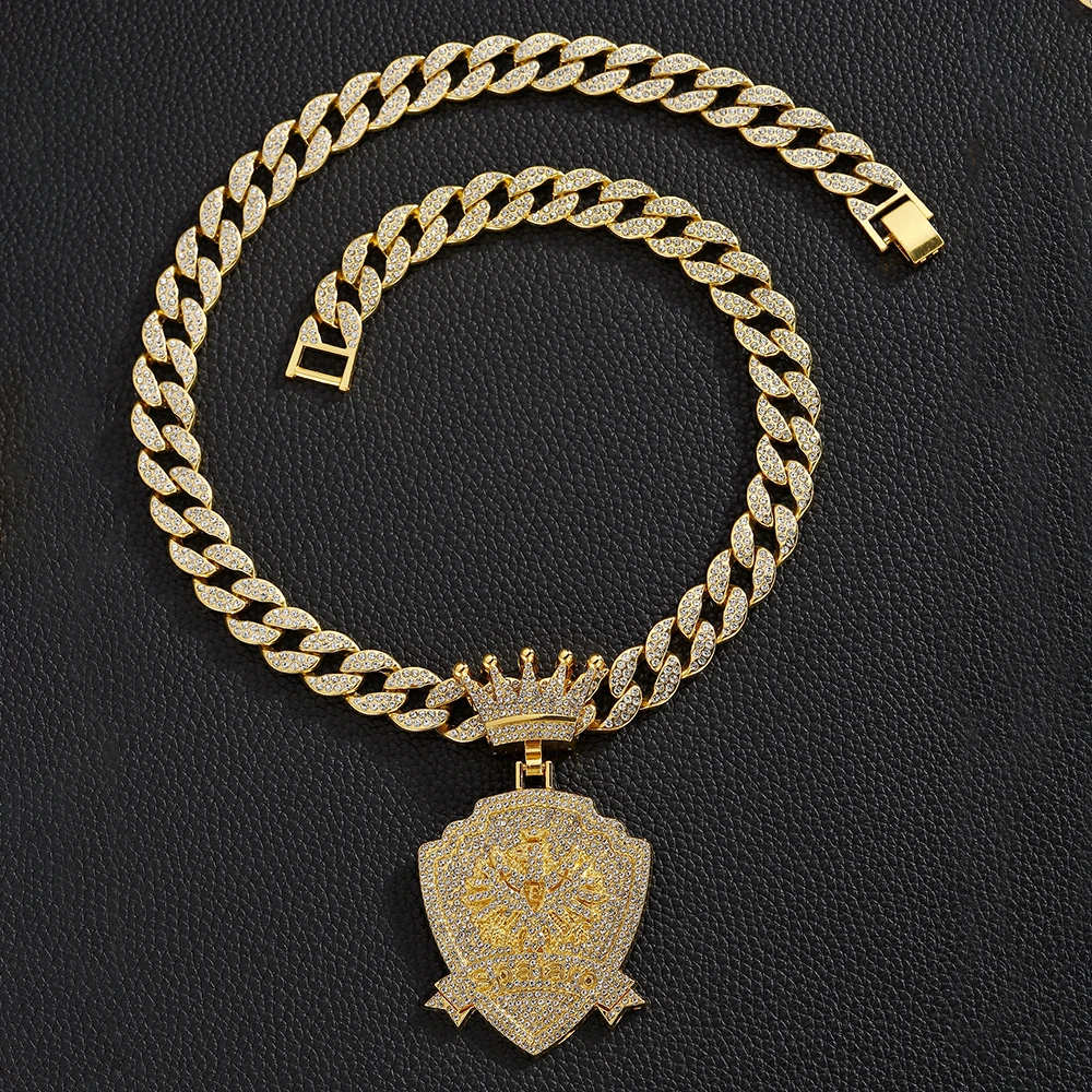 Iced-Out-Full-Diamond-Hiphop-Cuban-Chain-With-Crown-Shield-Pendant ...