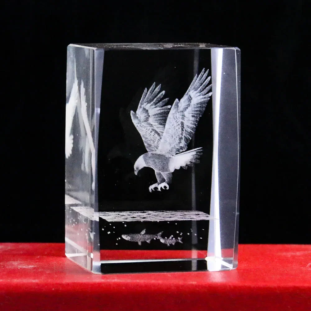 60mm Laser Engraving 3D Eagle Falcon Bird Fish Clear Prism Cube Glass ...