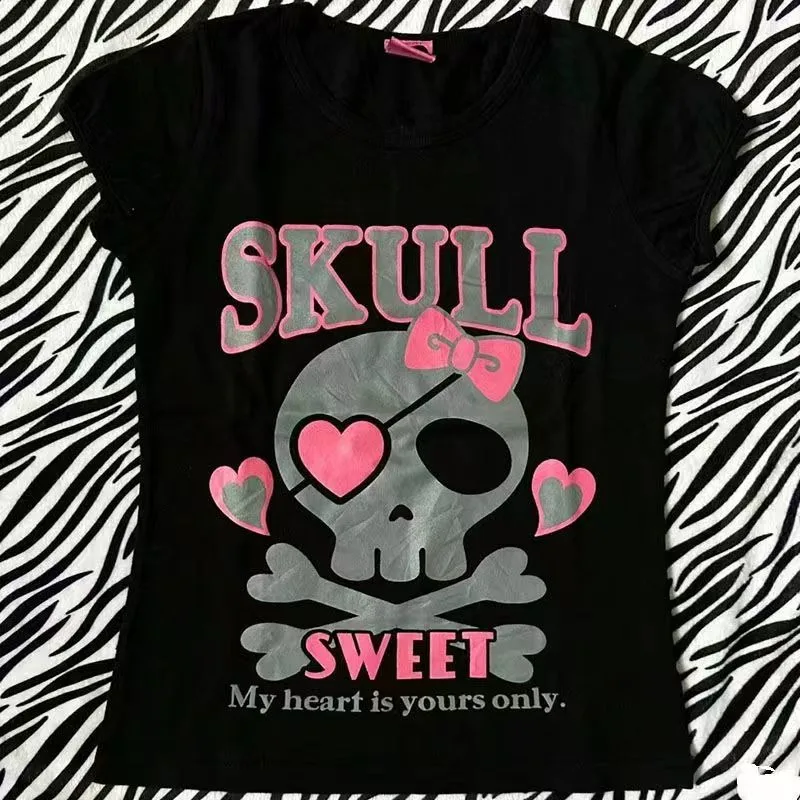 Sweet-Skull-Letter-Print-T-Shirts-Balck-Short-sleeved-Casaul-Cool ...