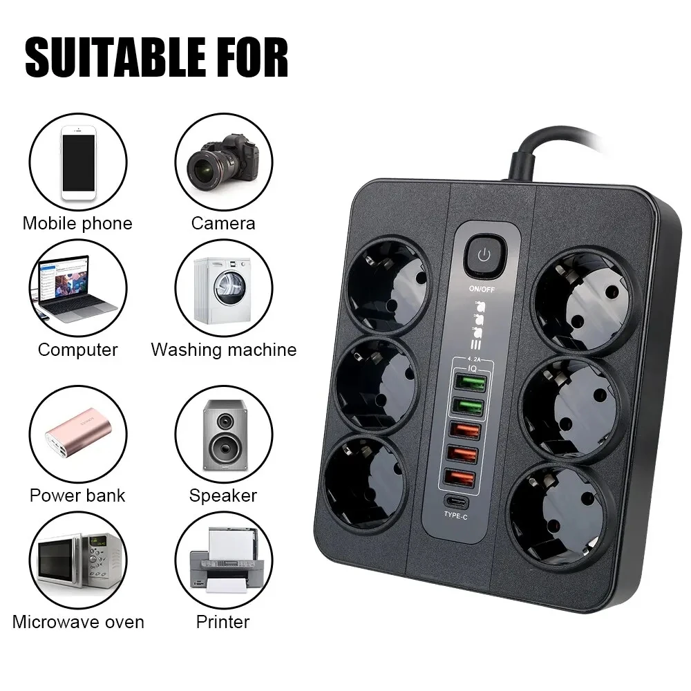 Safety-Switch-Power-Strip-Extension-Socket-EU-Plug-3000W-2M-Cable ...