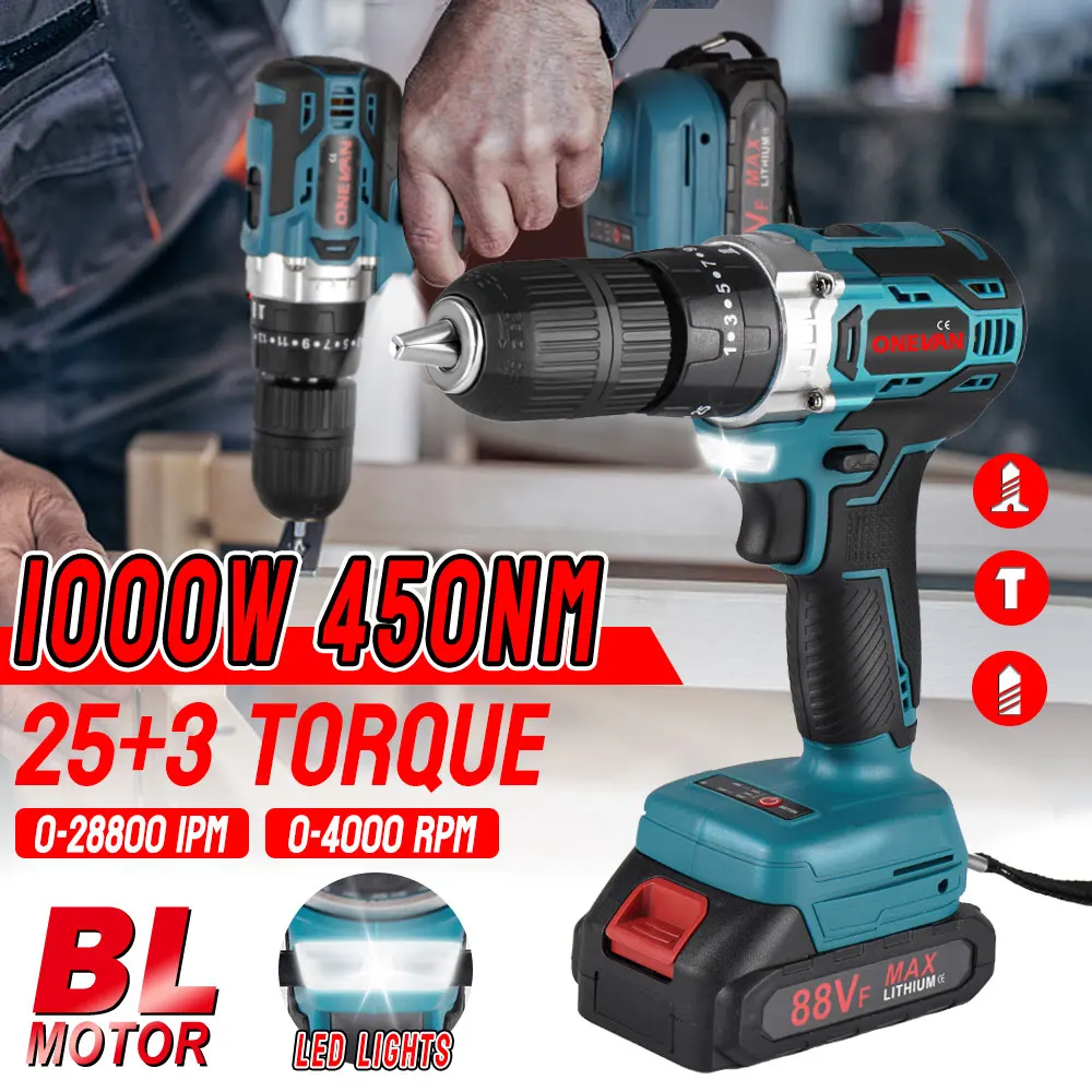 1000W-450NM-Brushless-Hammer-Drill-Impact-25-3-Torque-3-Function ...