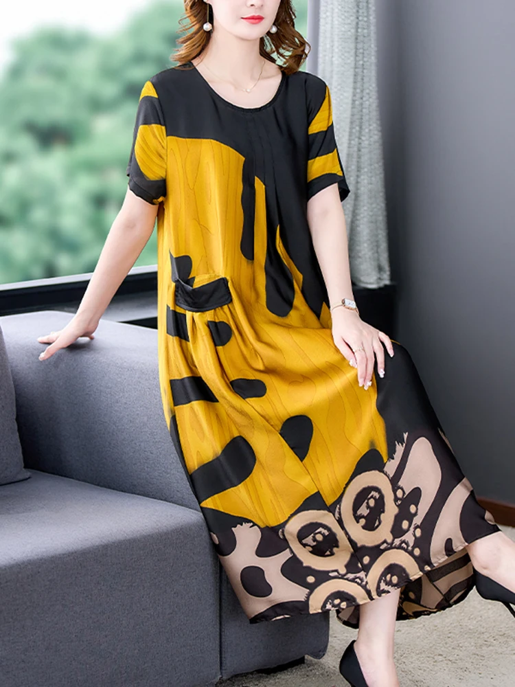 Women-s-Loose-Chic-Silk-Print-Luxury-Midi-Dress-2024-Summer-New-Elegant ...