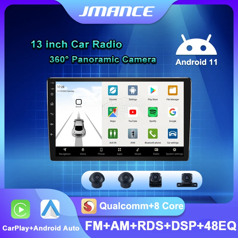Jmance 9/10/13Inch 360 ° Panoramische Camera Android 11 Gps Auto Radio ...