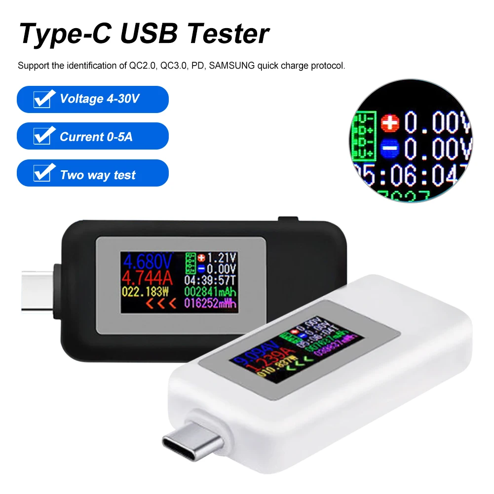 Type C USB Tester USB C มัลติมิเตอร์เครื่องทดสอบแรงดันไฟฟ้าด้วยหน้าจอสี ...
