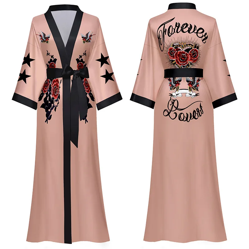 Print Women Kimono Robe Spring Summer Half Sleeve Bathrobe Sleepwear ...