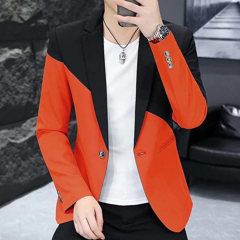 New-Mens-Blazer-Jacket-Autumn-Fashion-Contrast-Color-Panel-Suit-Slim ...
