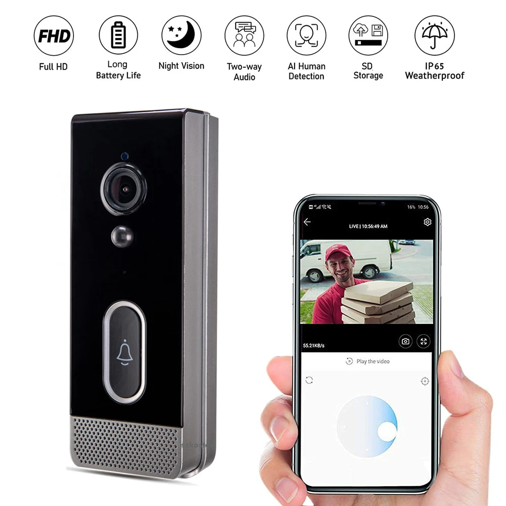 Sonnette - carillon,sonnette vidéo intelligente,wi-fi,étanche IP65 ...