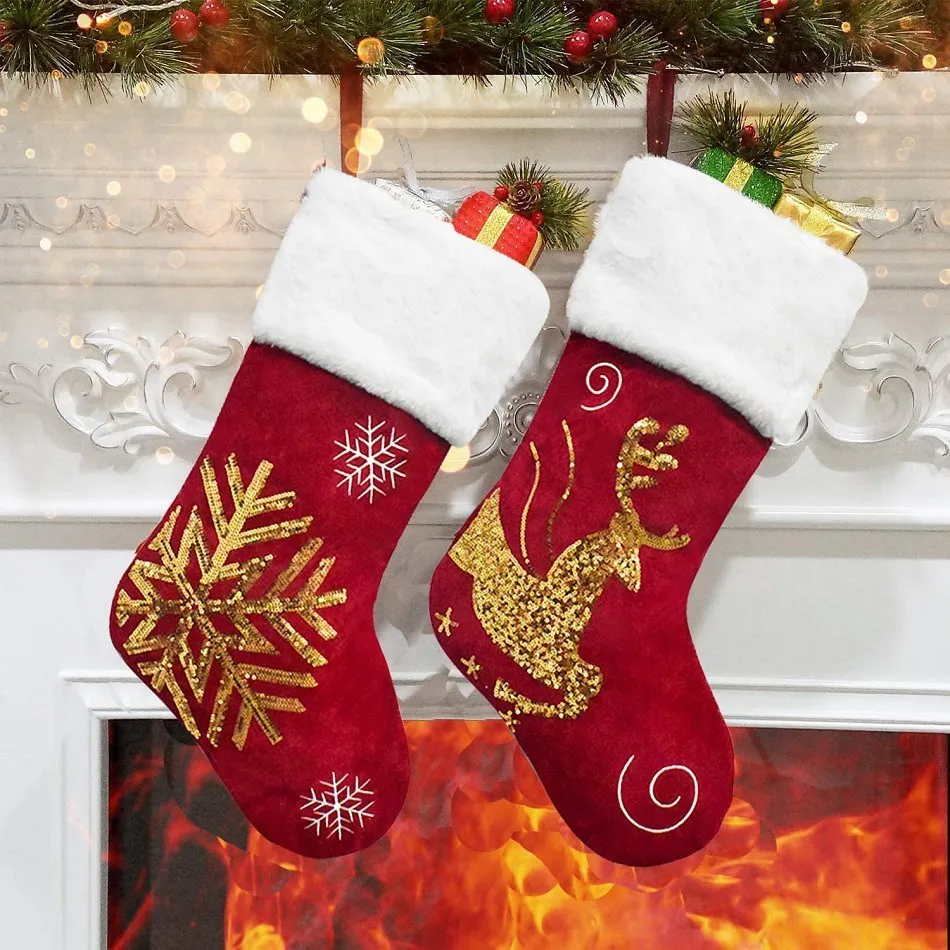 Christmas Stockings Socks Gift Candy Bag Elk Flannel Embroidery Merry ...