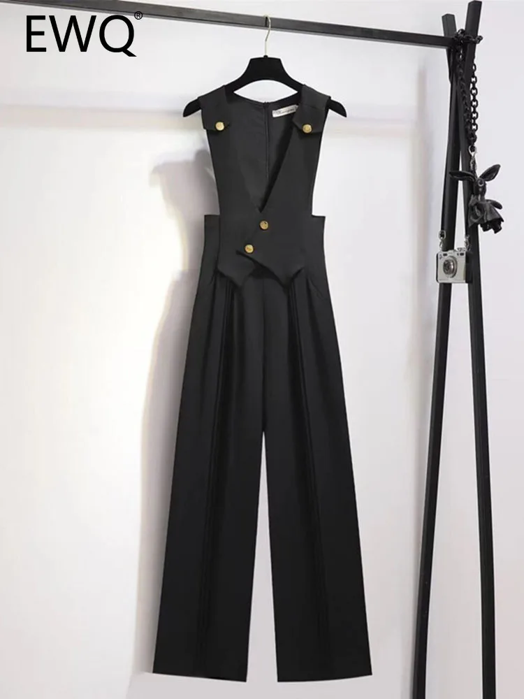 EWQ Sweet Style Women Jumpsuits V-neck Drape Button Patchwork Solid ...