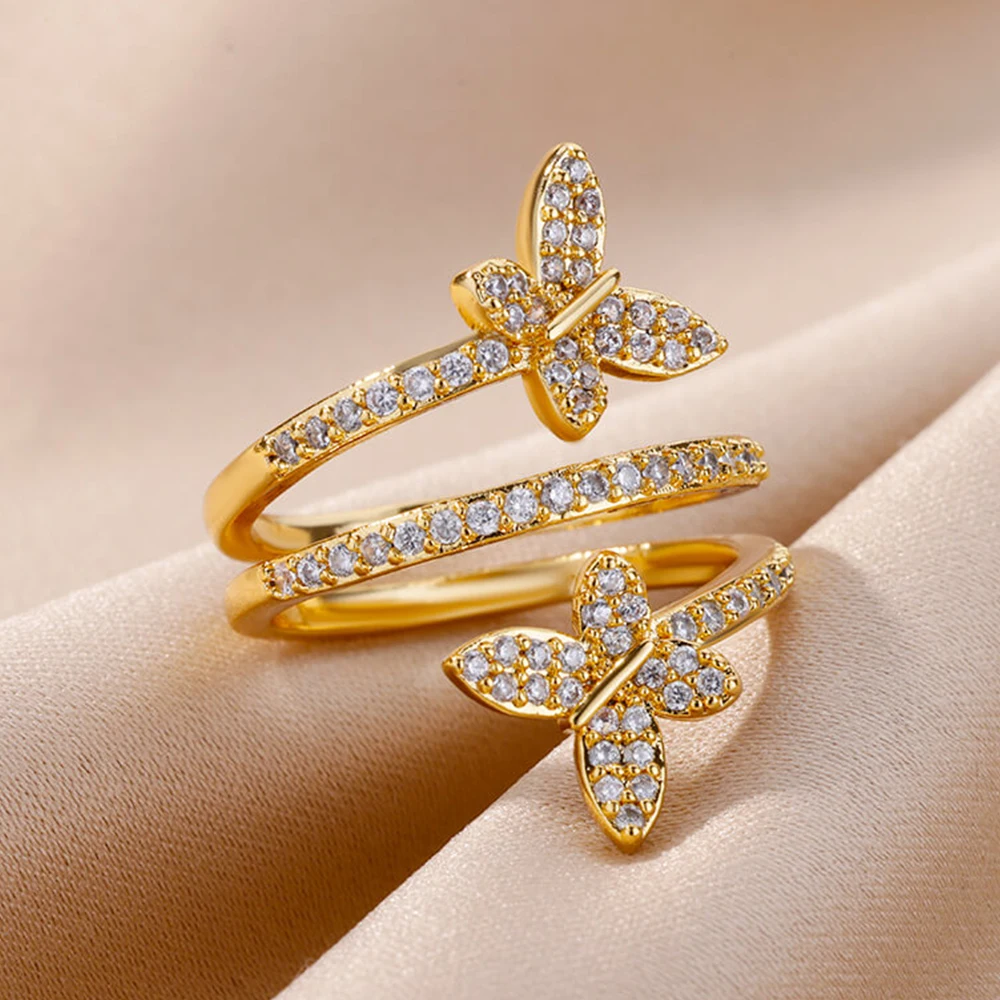 Zircon-Double-Butterfly-Rings-For-Women-Gold-Color-Open-Multilayer-Ring ...