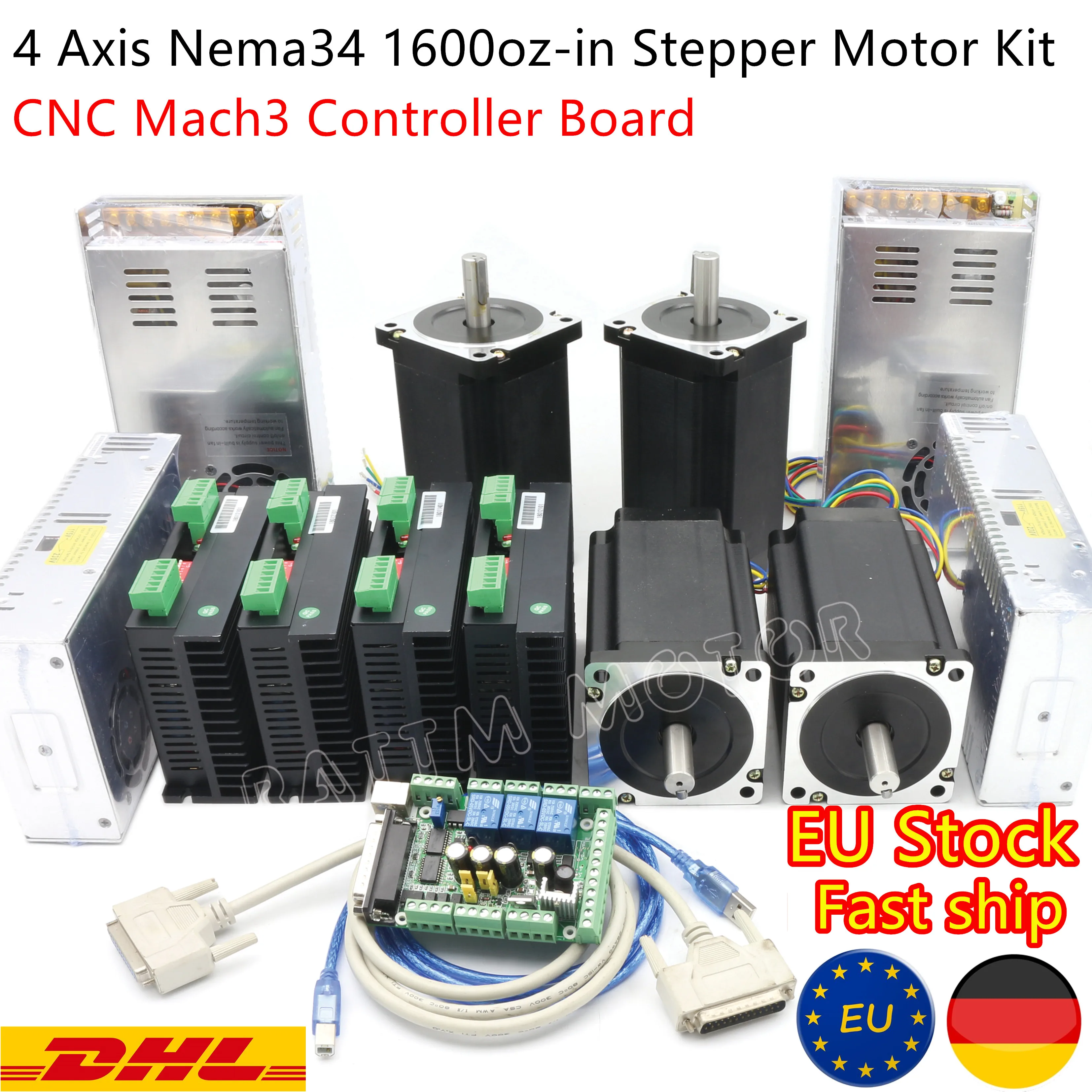 【EU Ship】 4Axis CNC controller Kit NEMA34 1600oz in 12N.m Stepper Motor ...