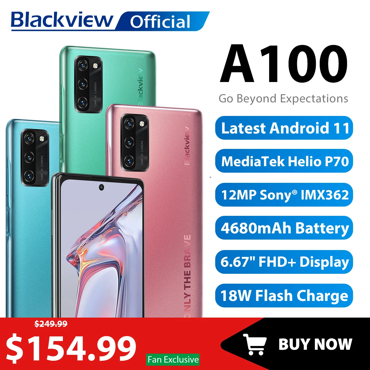 Blackview A100 Helio P70 Android 11 Smartphone 6gb+128gb 6.67" 4680mah ...