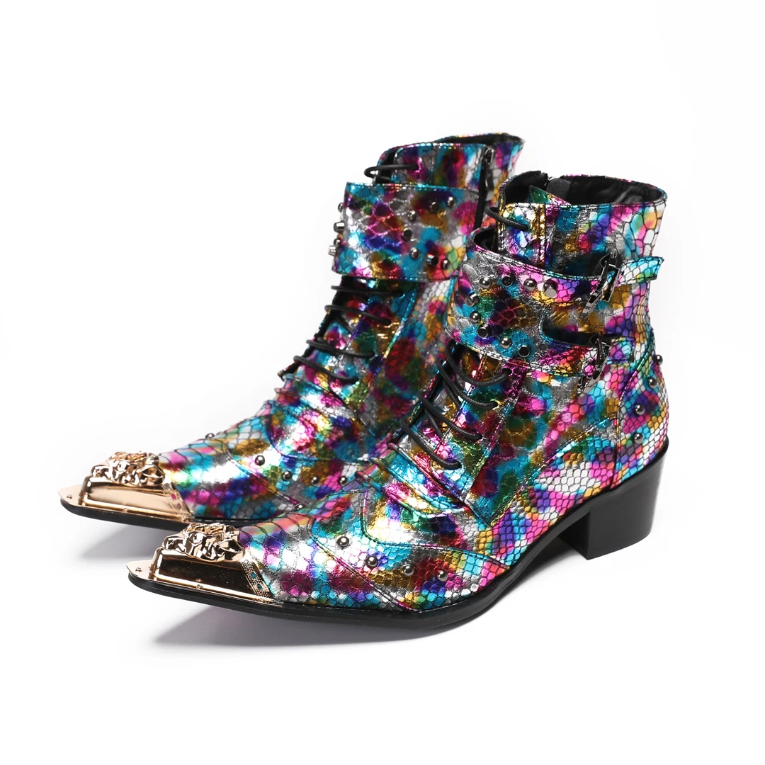 Men-s-Mixed-Color-Ankle-Boots-Metal-Pointed-Toe-Chelsea-Boots-High ...