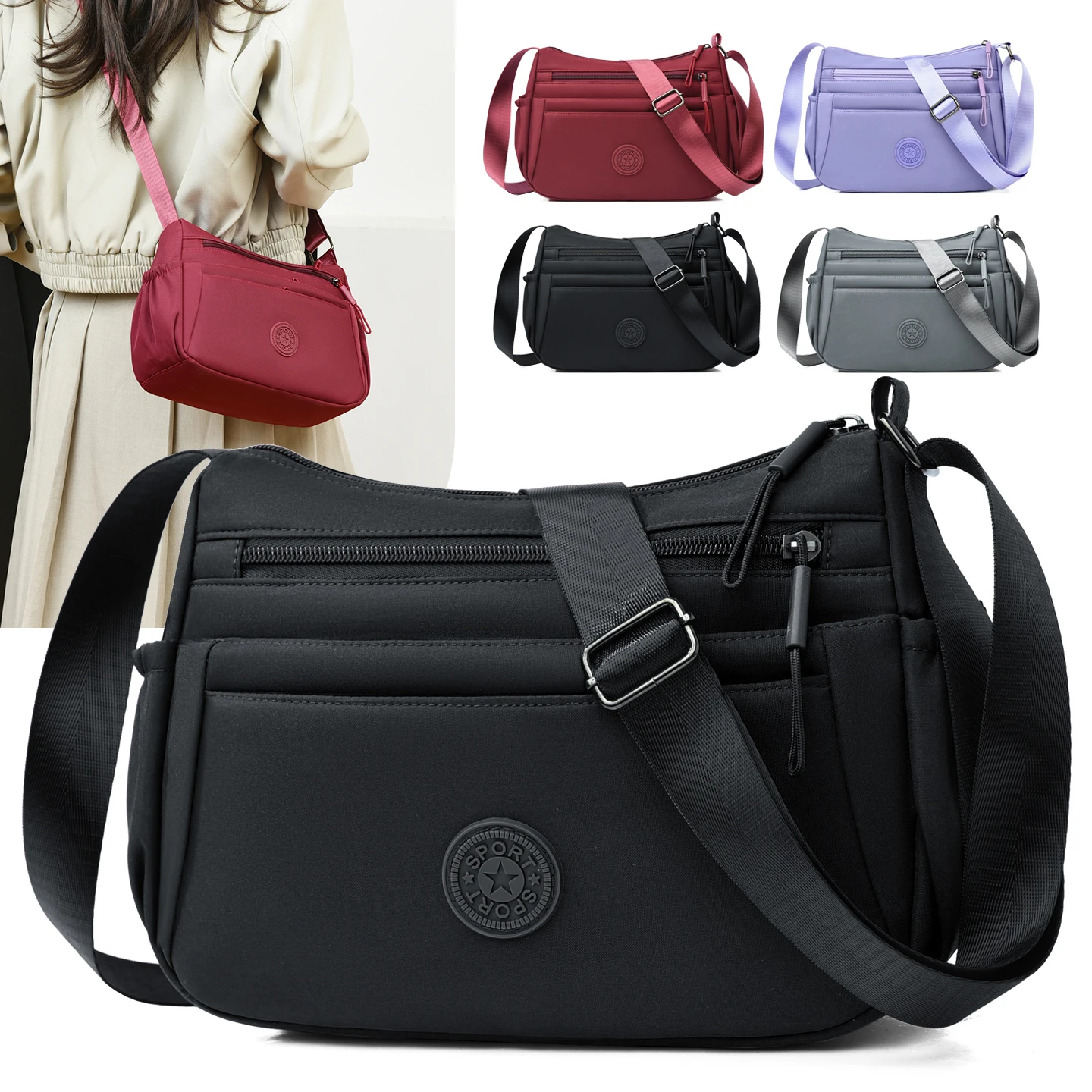 Leisure Simple Women's Shoulder Bag Nylon Multi Pockets Waterproof ...