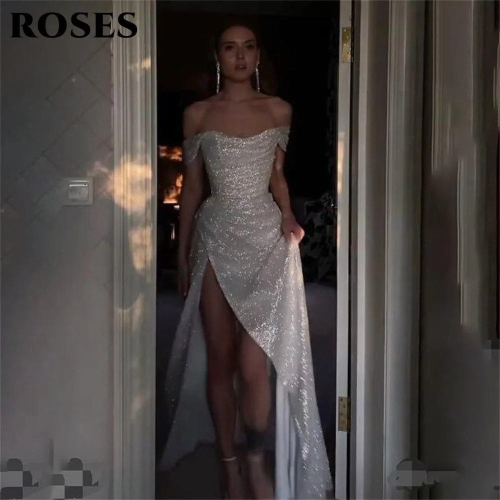 ROSES-Off-Shoulder-Ivory-Prom-Dress-Sequin-Shiny-Party-Dress-Sheath ...