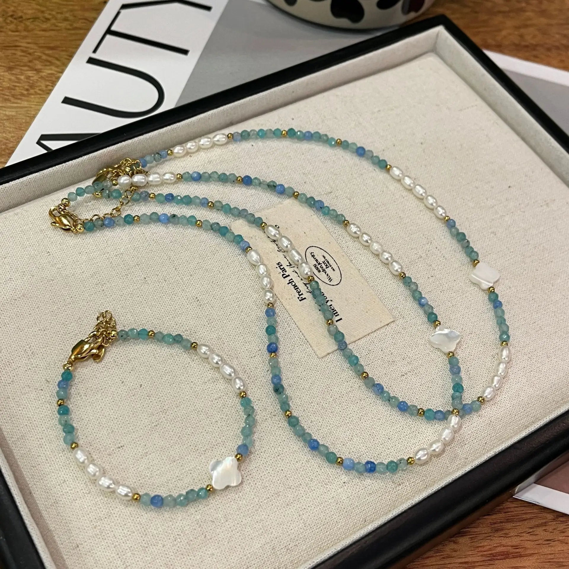 Perla-de-agua-dulce-Natural-y-cristal-azul-flor-de-la-suerte-oro-de-14 ...