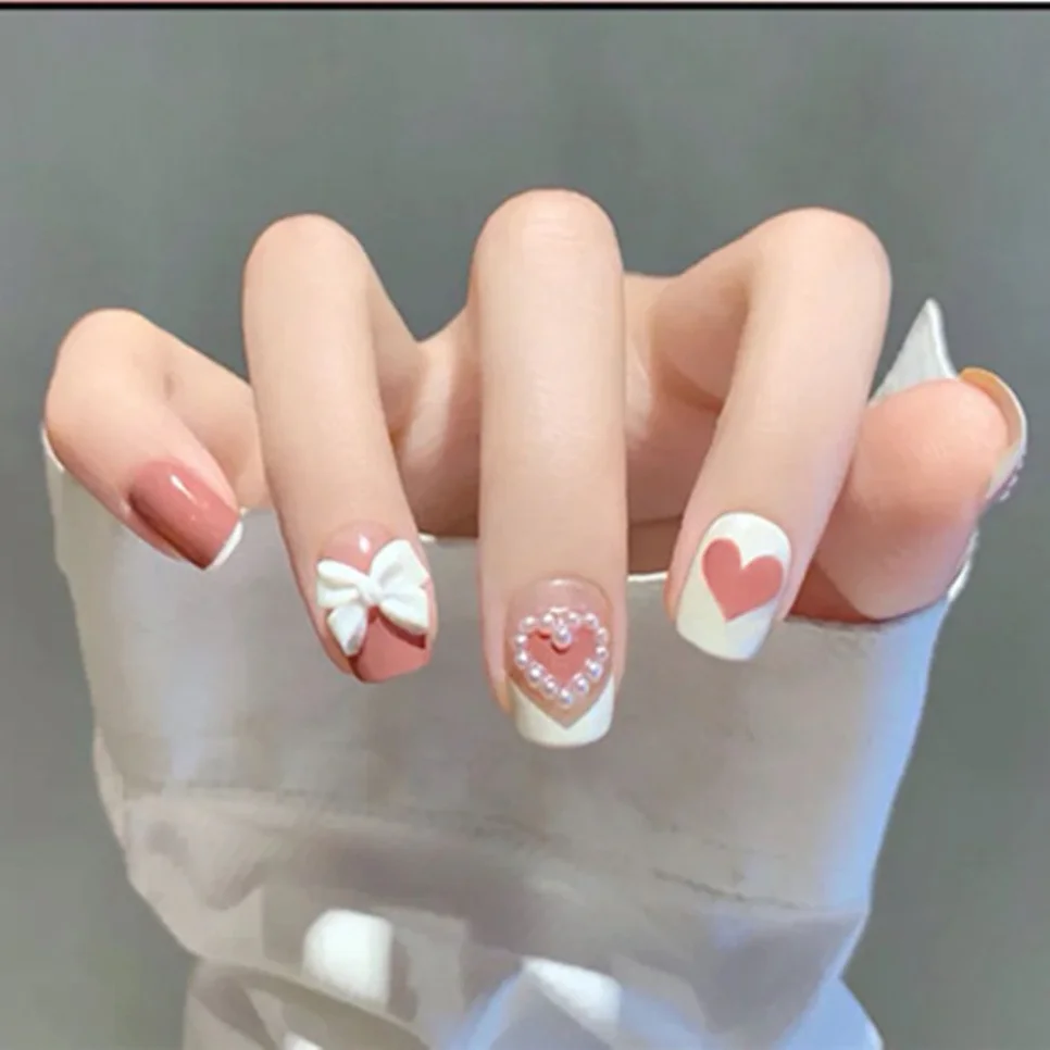 24P-Pink-Cute-Short-Square-Head-False-Nails-Art-White-3D-Bowknot-Fake ...
