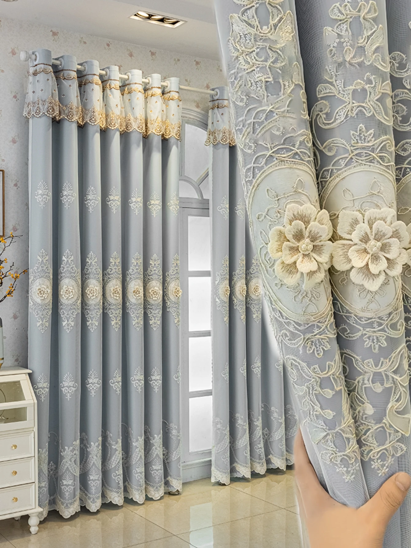 European Embroidered Jacquard Sheer Curtains Luxury Blackout Curtains ...
